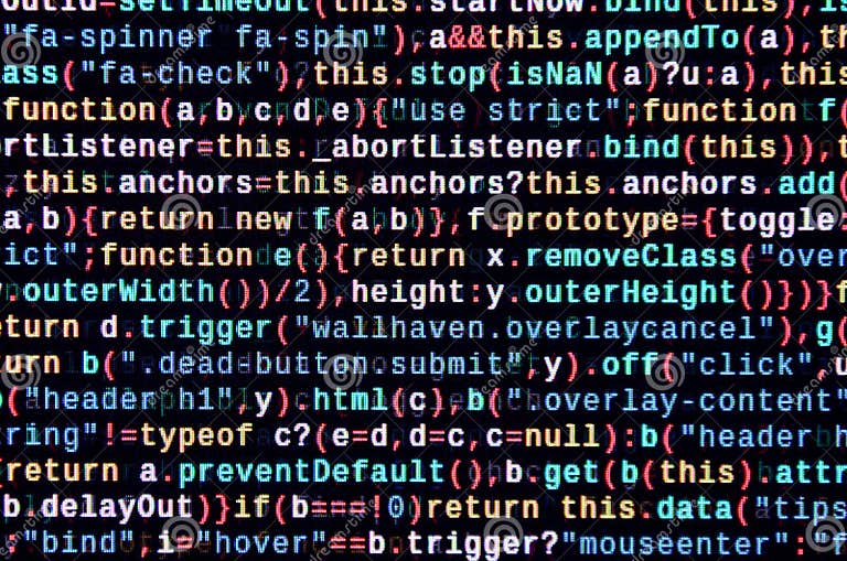 JavaScript Code in Text Editor. Coding Cyberspace Concept. Screen of Web Developing Code Stock ...