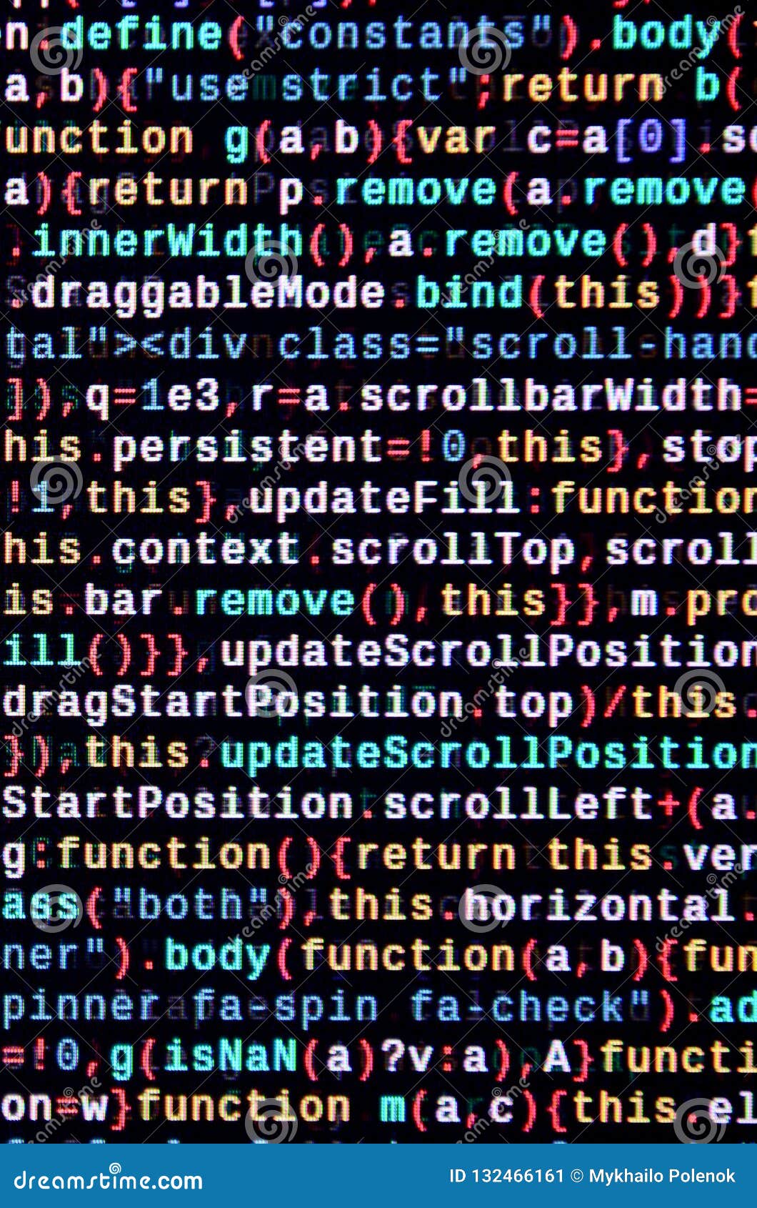 JavaScript Code in Text Editor. Coding Cyberspace Concept. Screen of Web Developing Code Stock ...