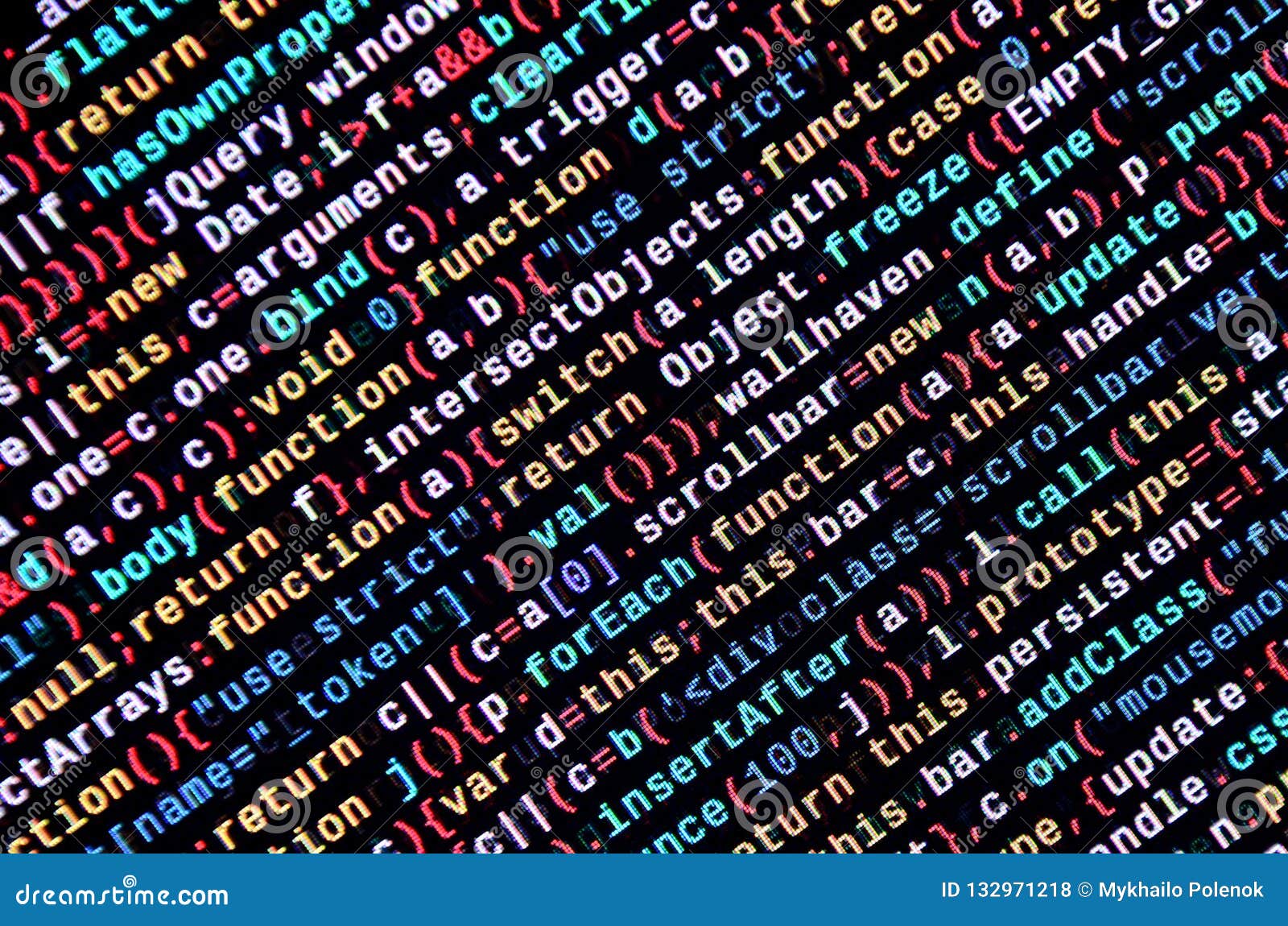 JavaScript Code in Text Editor. Coding Cyberspace Concept. Screen of Web Developing Code Stock ...