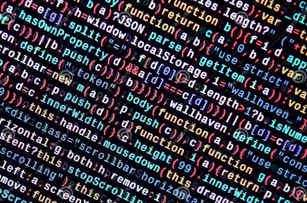 JavaScript Code in Text Editor. Coding Cyberspace Concept. Screen of Web Developing Code Stock ...