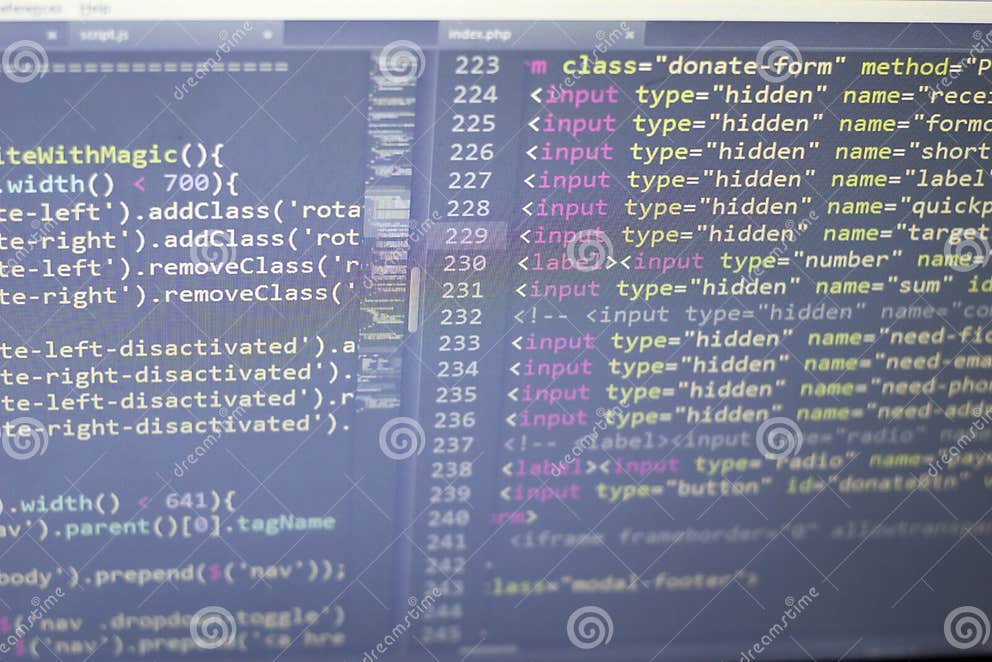 Javascript Front-end Code. Computer Programming Source Code. Abstract Screen of Web Developer ...