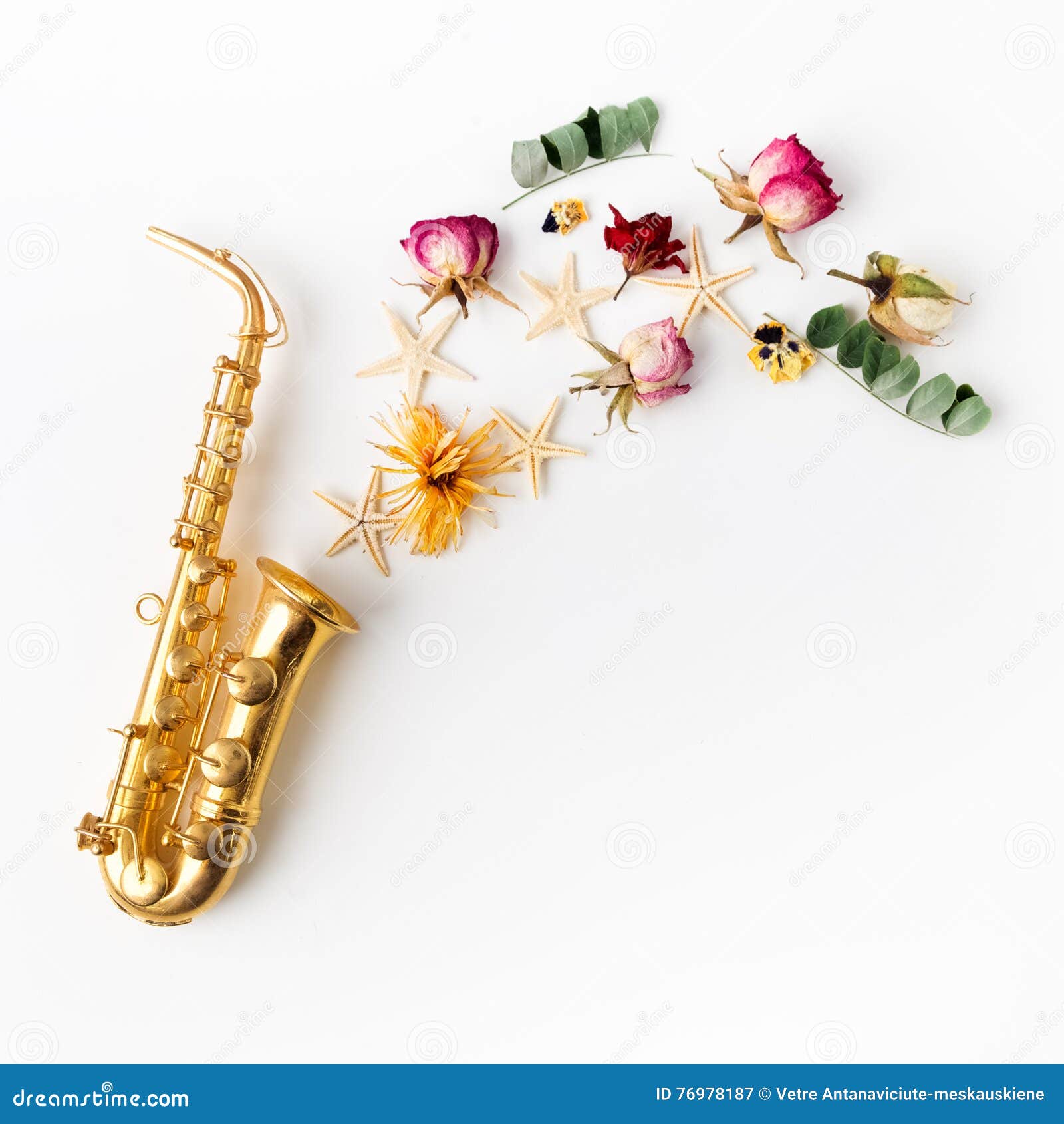 Jazz Day. Saxophone with Flowers. Flat Lay, Top View Stock Image ...