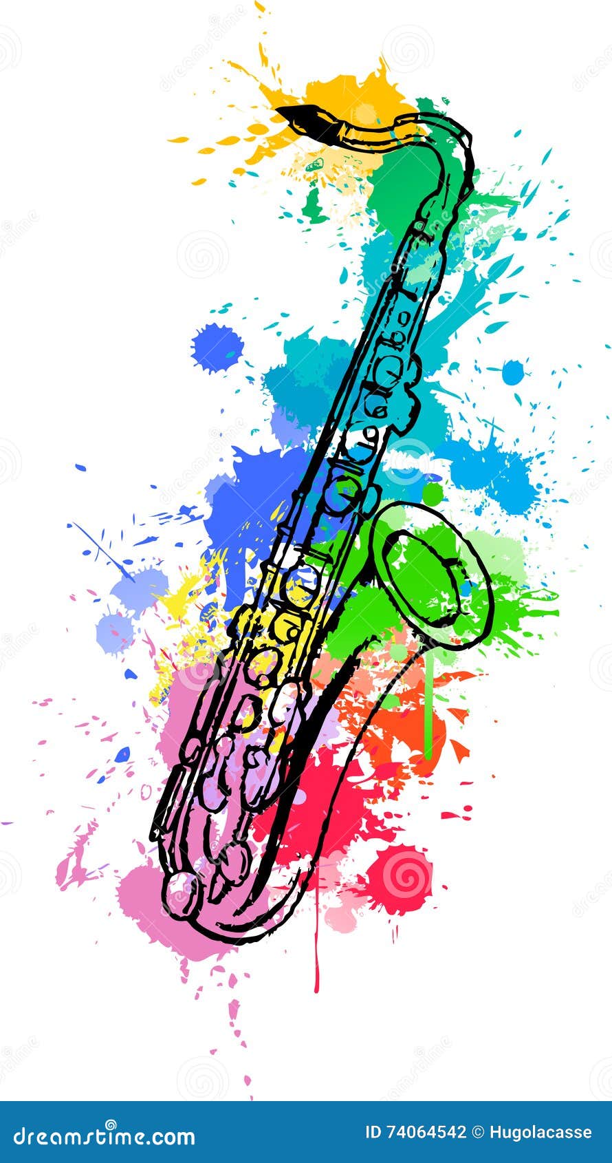 Jazz Hand Drawn Saxophone. Colored with Paint Splats in White ...