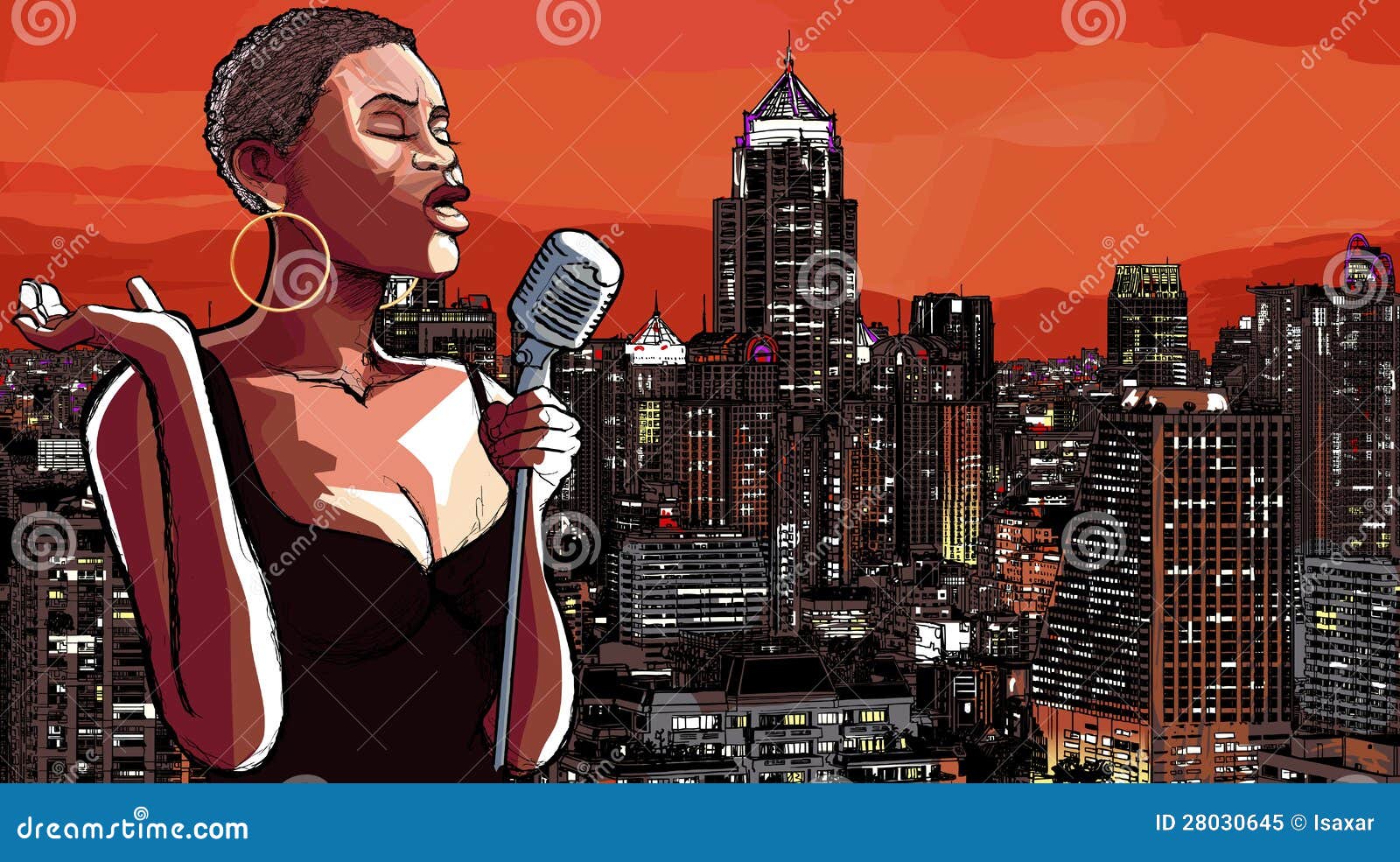 Jazz Singer Girl In Retro Style. Outline, Color And Silhouette Cliparts ...