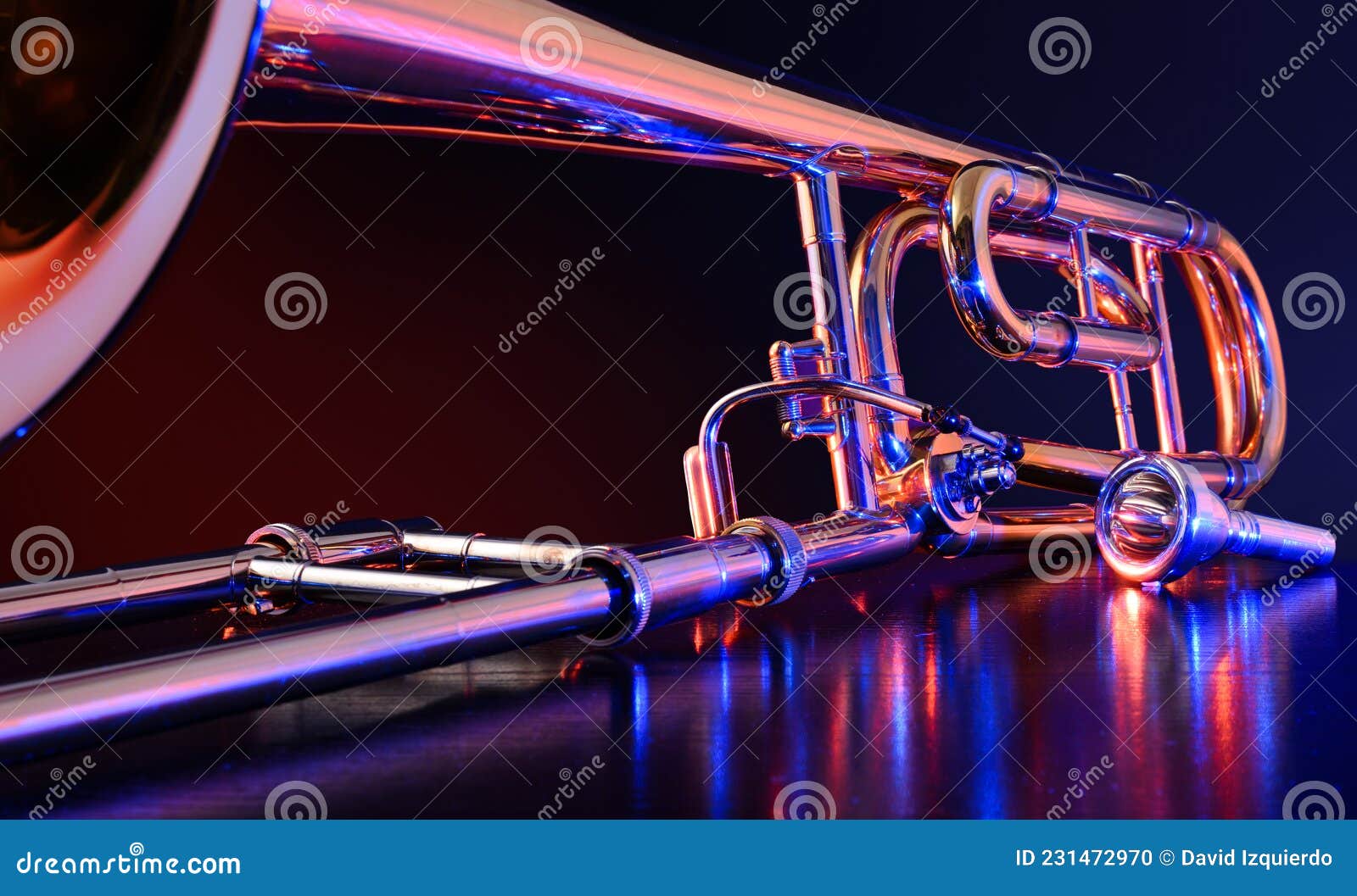 Jazz Trombone Illuminated with Colored Lights on Black Table Stock ...
