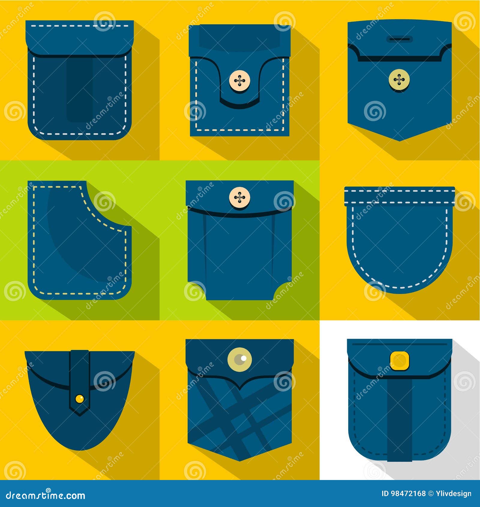 Jeans Pocket Icons Set, Flat Style Stock Vector - Illustration of decor ...