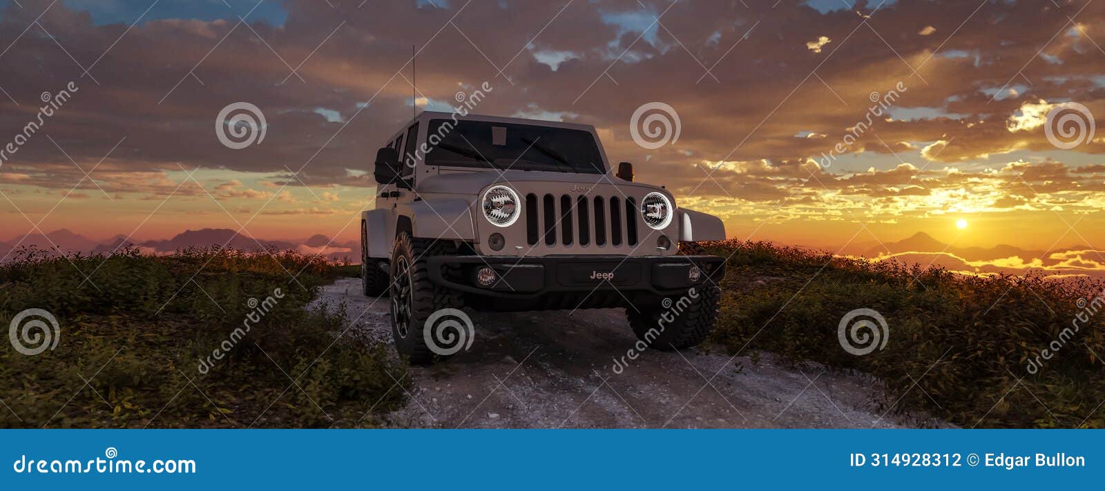 Jeep on Dirt Road with Mountain Landscape in Background. 3d Rendering ...