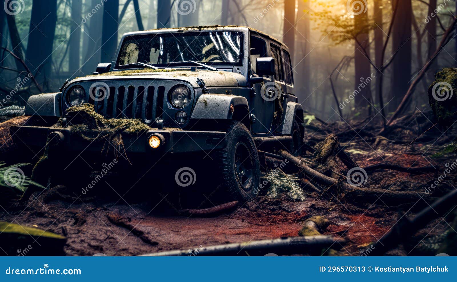 Jeep is Parked in the Middle of Forest Filled with Trees and Branches ...