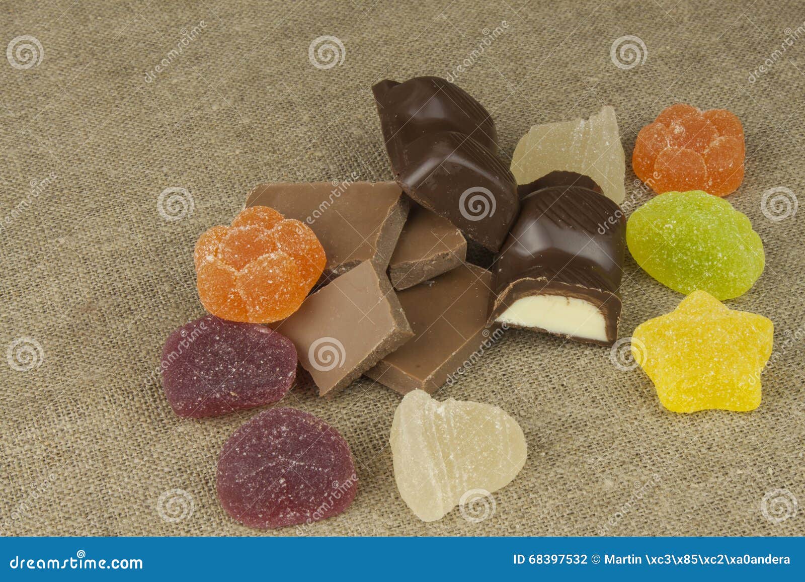 Jelly Candy and Chocolate on the Tablecloth. Sweets for Children Stock ...