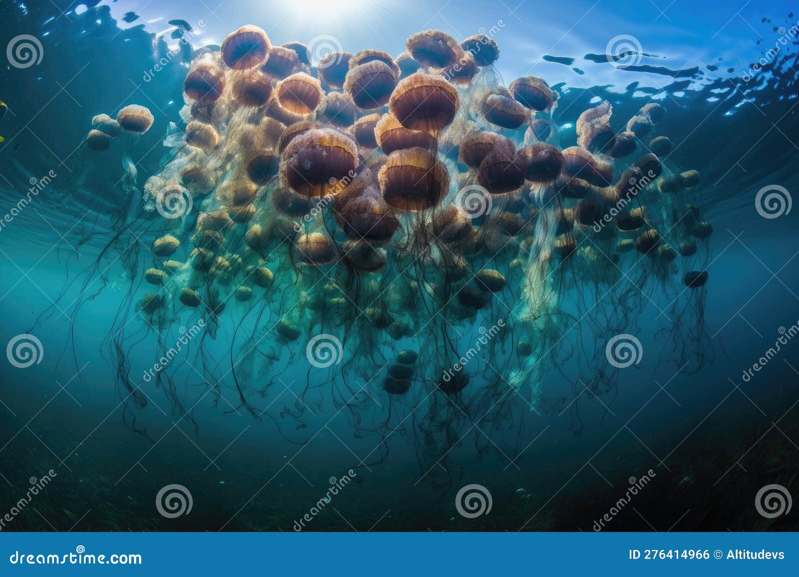 Jellyfish Swimming in the Ocean, Surrounded by Schools of Fish Stock ...