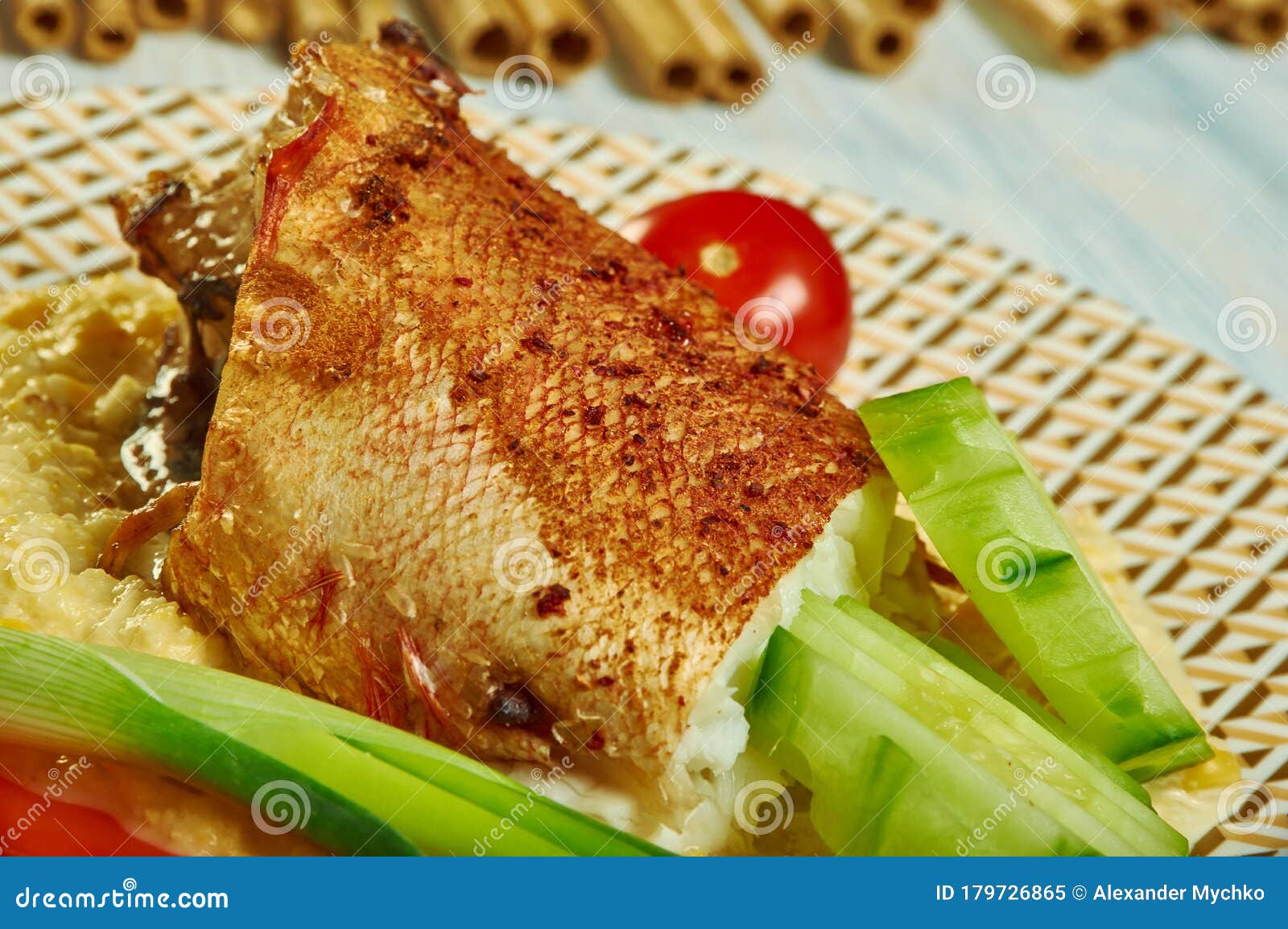Jerk cod creamed corn stock image. Image of barbecue - 179726865