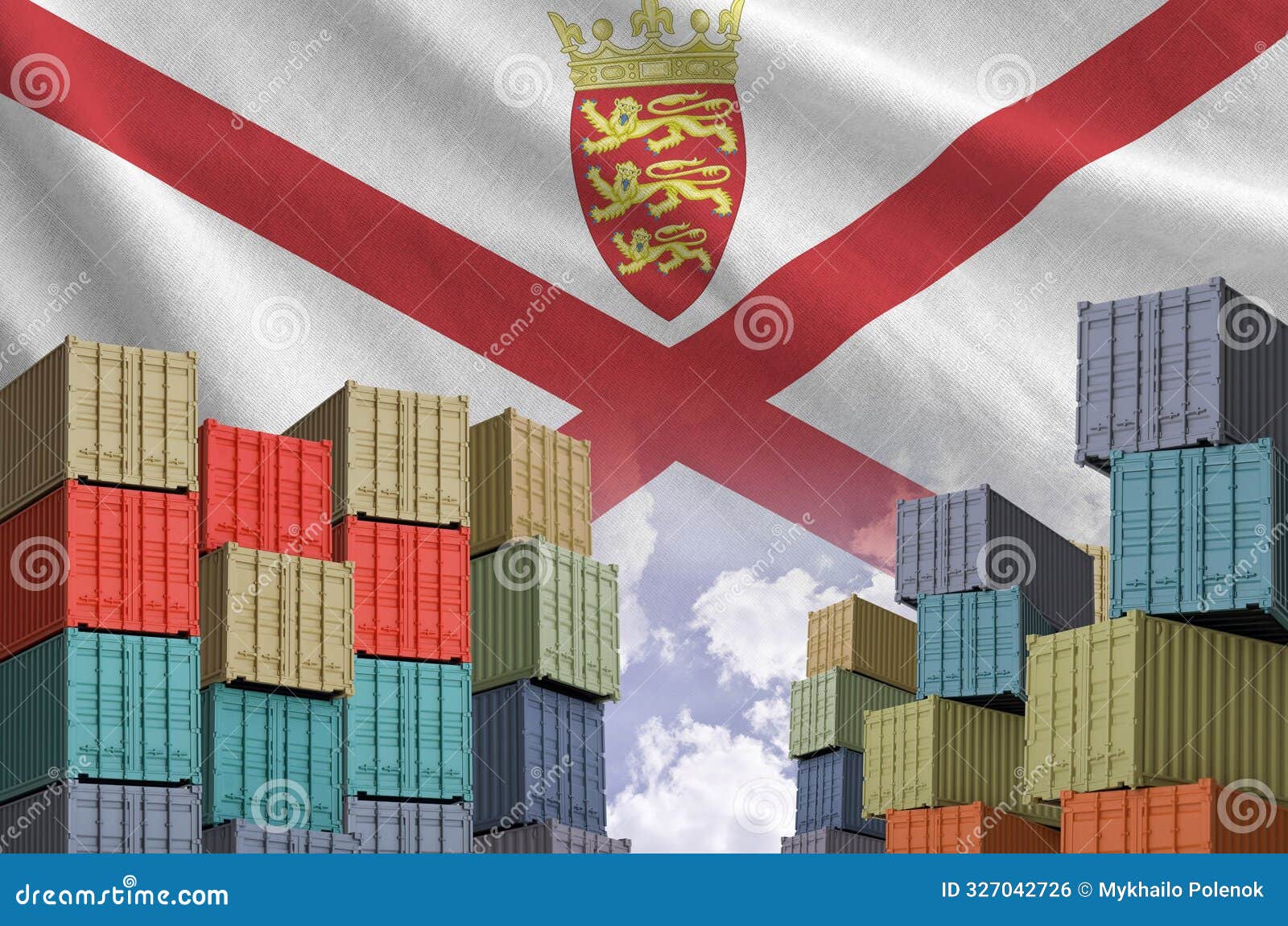 Jersey Flag and Big Stack of Shipping Cargo Containers in Docks with ...