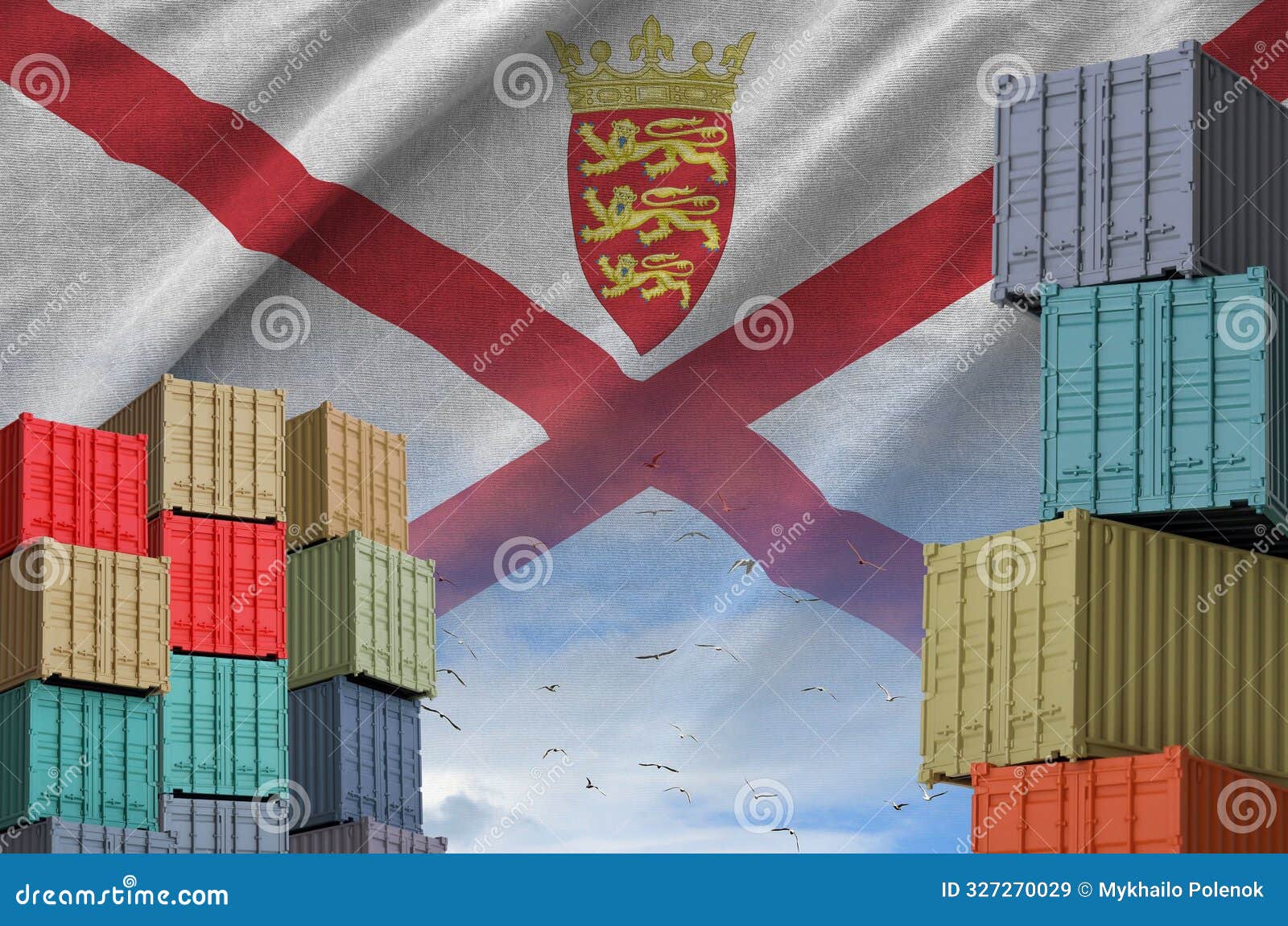 Jersey Flag and Big Stack of Shipping Cargo Containers in Docks with ...
