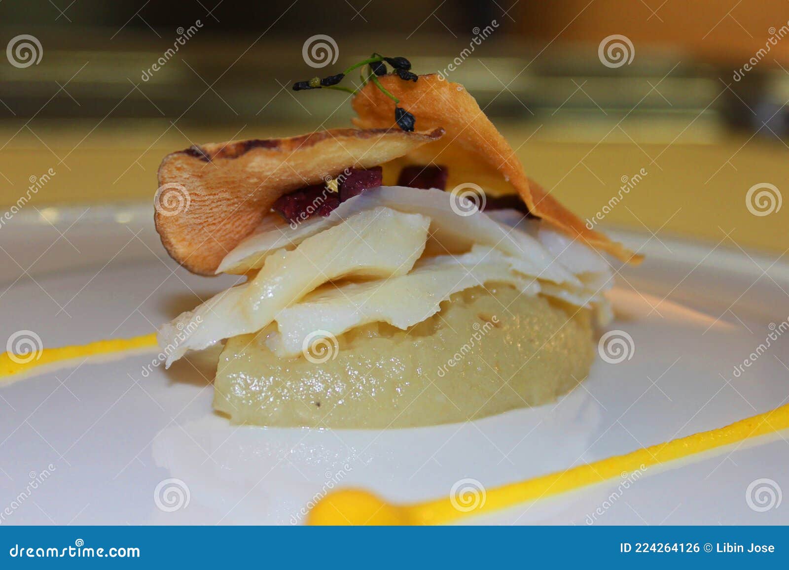 Jerusalem Artichoke Puree with Cod Fish Flakes and Potato Crisp Stock ...