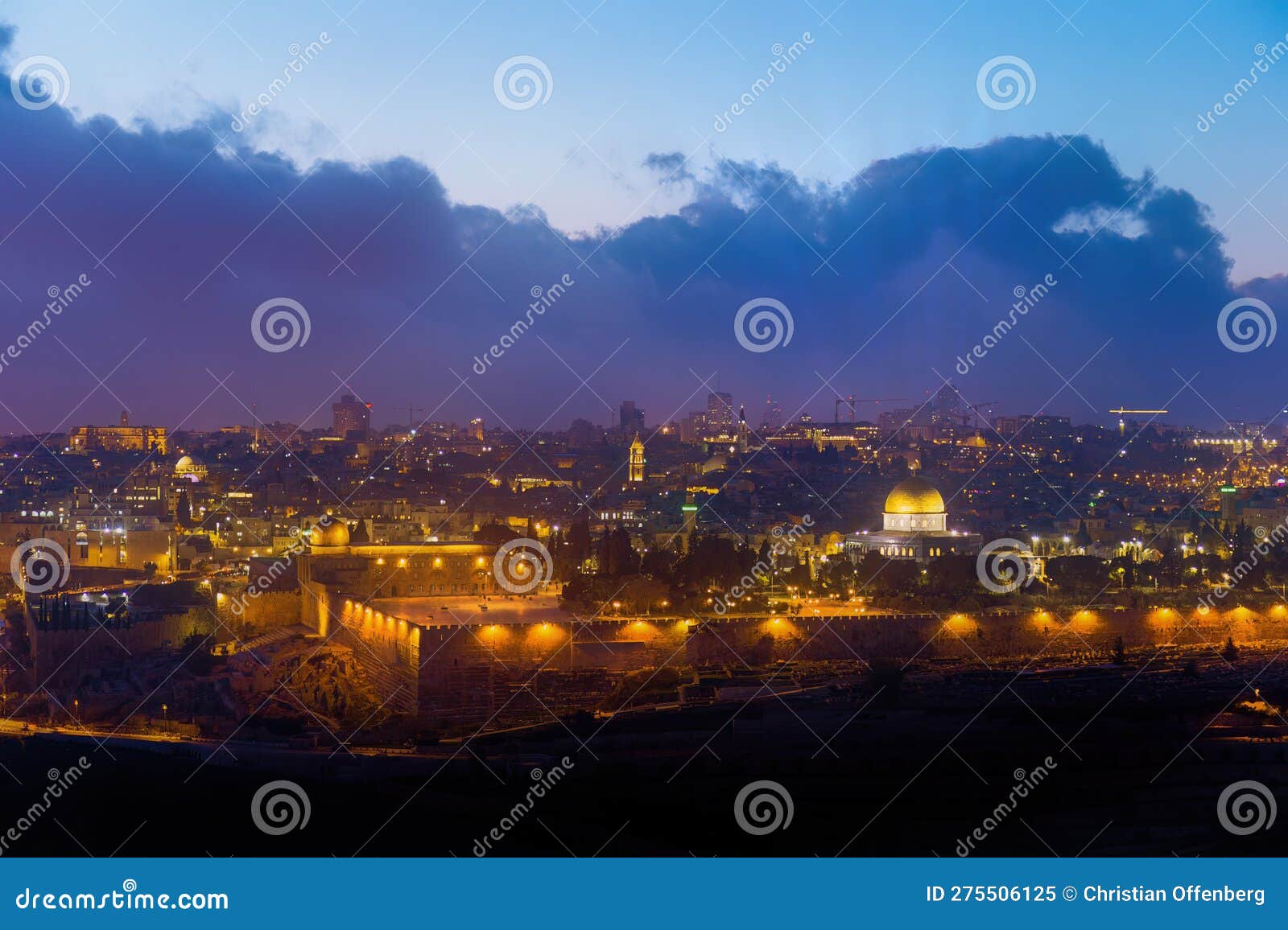 Jerusalem Panorama with Temple Mount and Dome of the Rock Illuminated ...