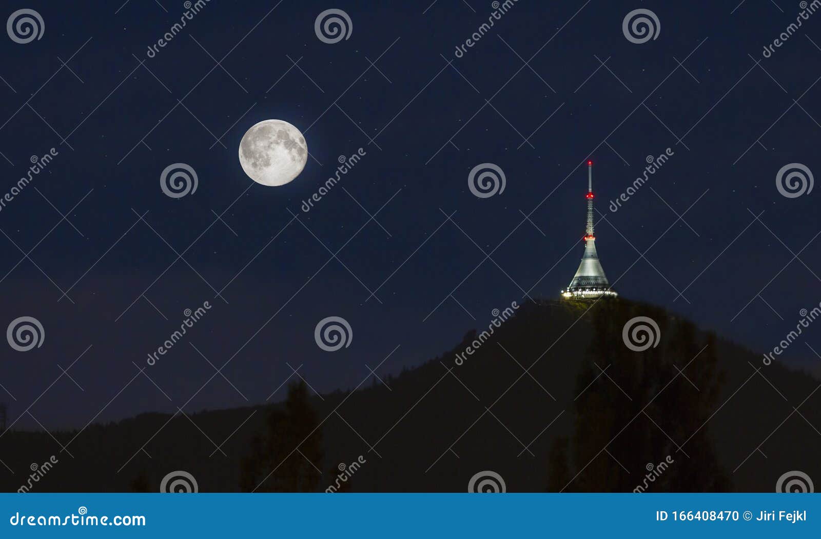 Jested Lookout Tower, Night View with Full Moon. Liberec, Bohemia ...