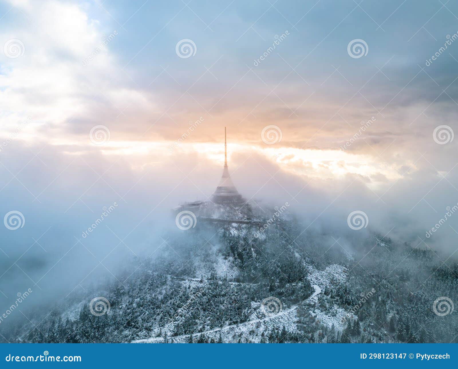 Jested Mountain in clouds stock image. Image of aerial - 298123147