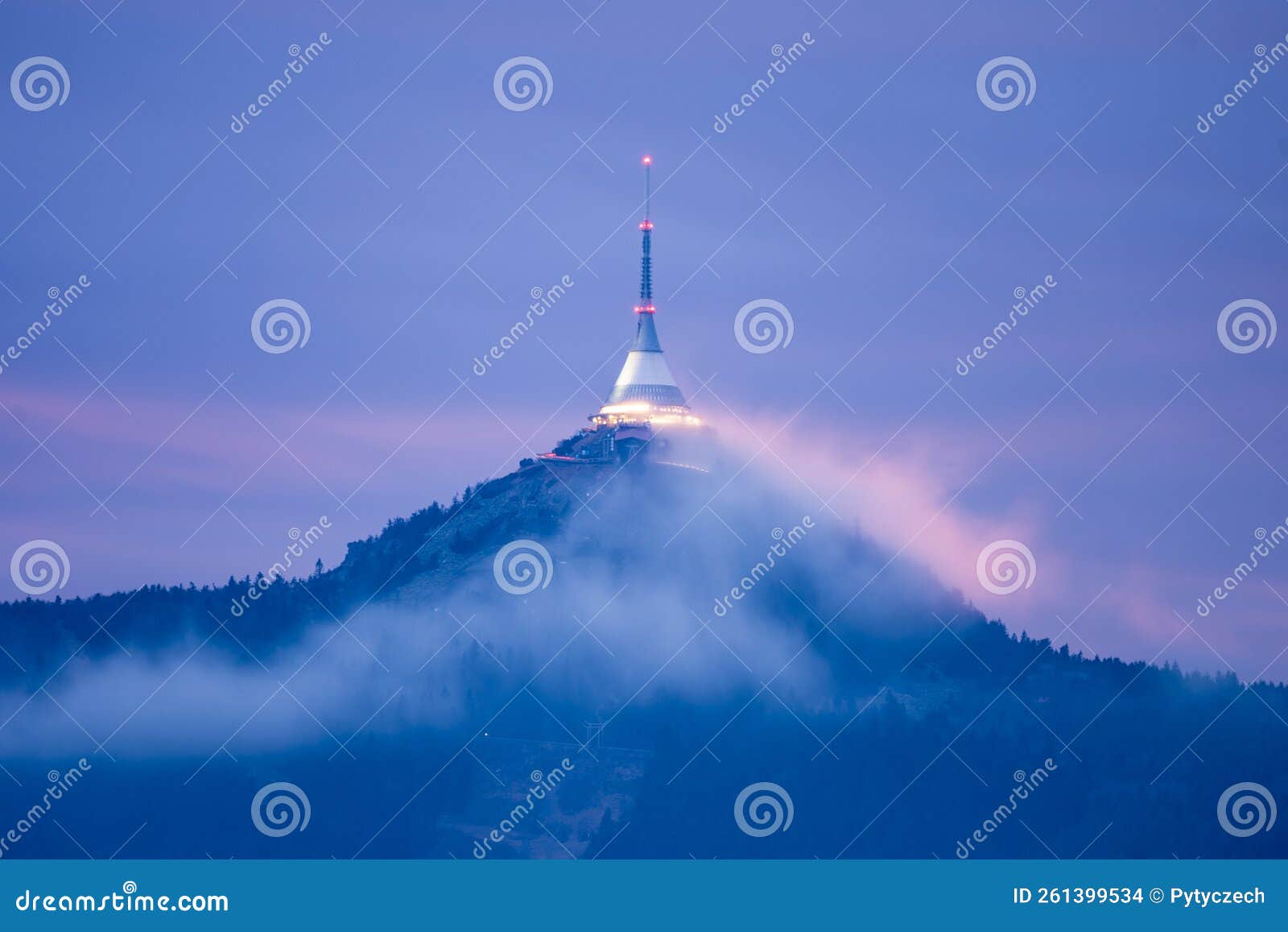 Jested Mountain Hotel and Transmitter at Dusk Stock Photo - Image of ...