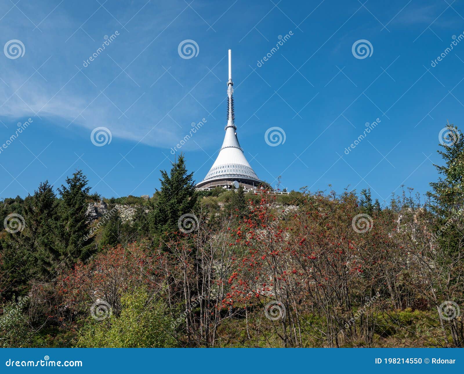 Jested Tower between Trees. Jested Mountain Peak Stock Photo - Image of ...
