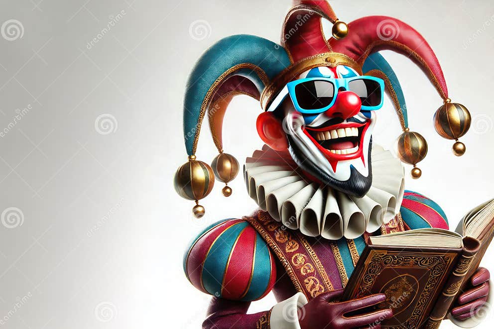 A Jester in Sunglasses is Reading a Book. Space for Text. Stock Photo ...