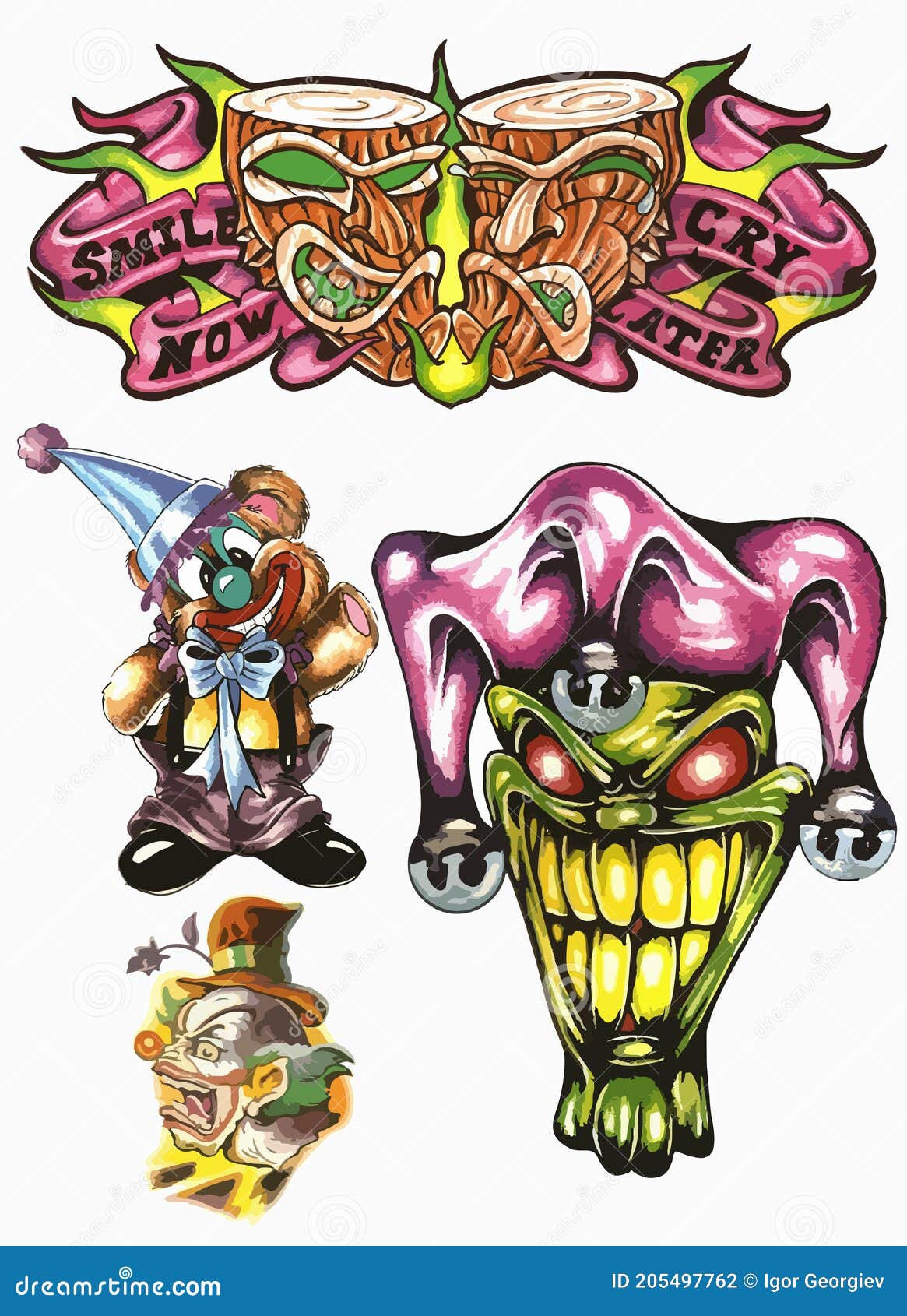 Jester Tattoo Set. Set of Labels and Elements. Vector Set Illustration ...