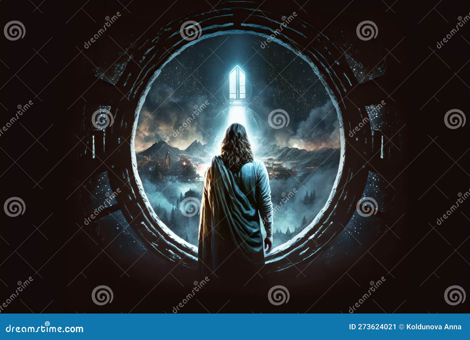 Jesus As the Savior on a Spaceship Looking Out at the Earth, Created ...