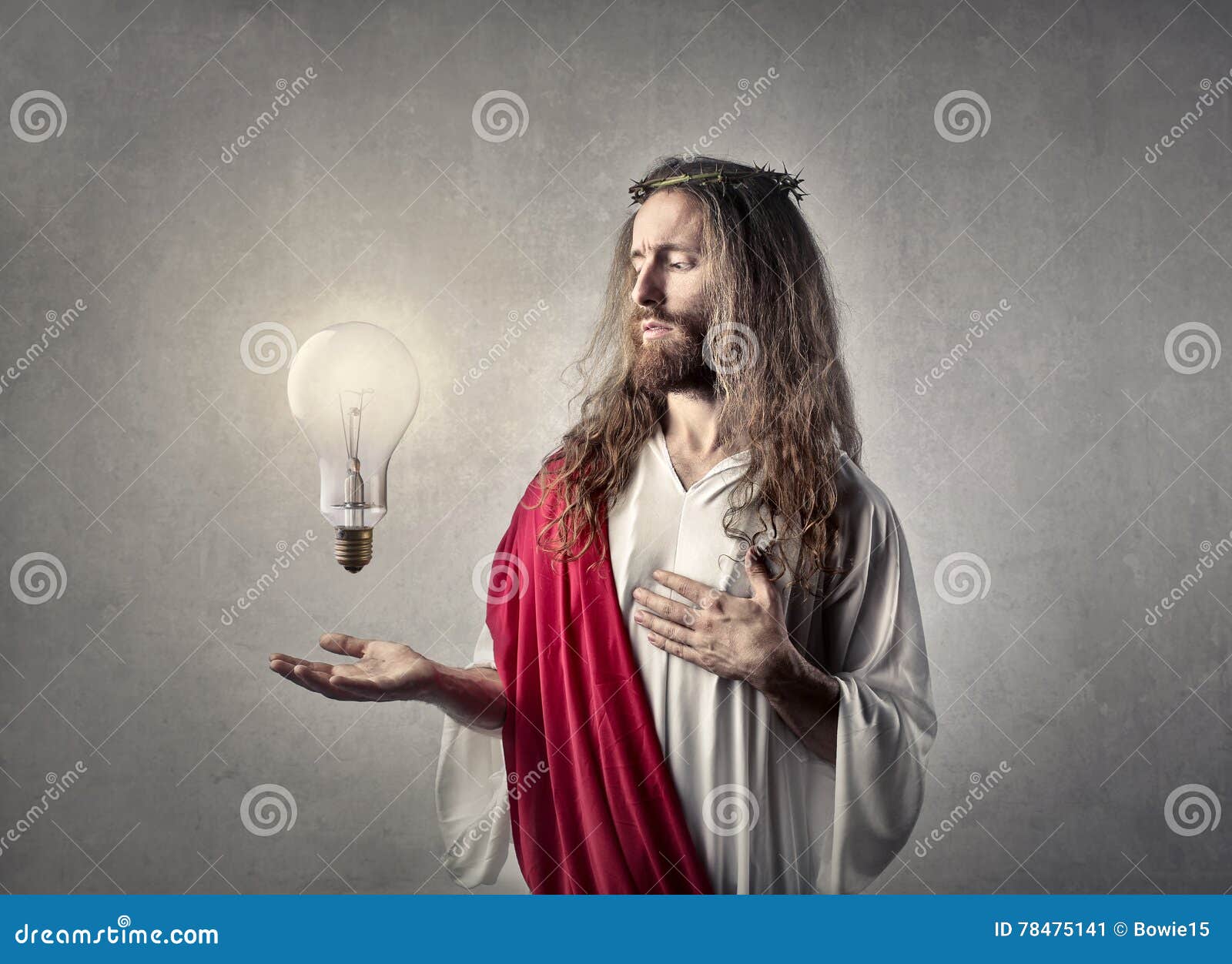 Jesus with a bulb stock image. Image of invention, ironic - 78475141