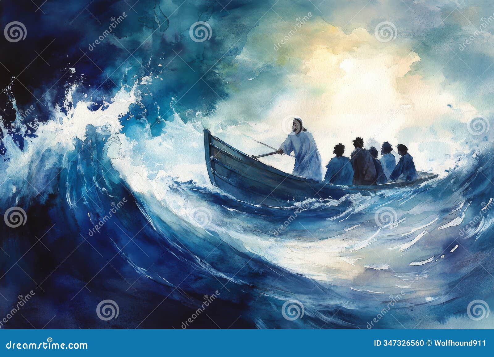 Jesus Calming the Storm on a Boat with His Disciples, the Waves and ...