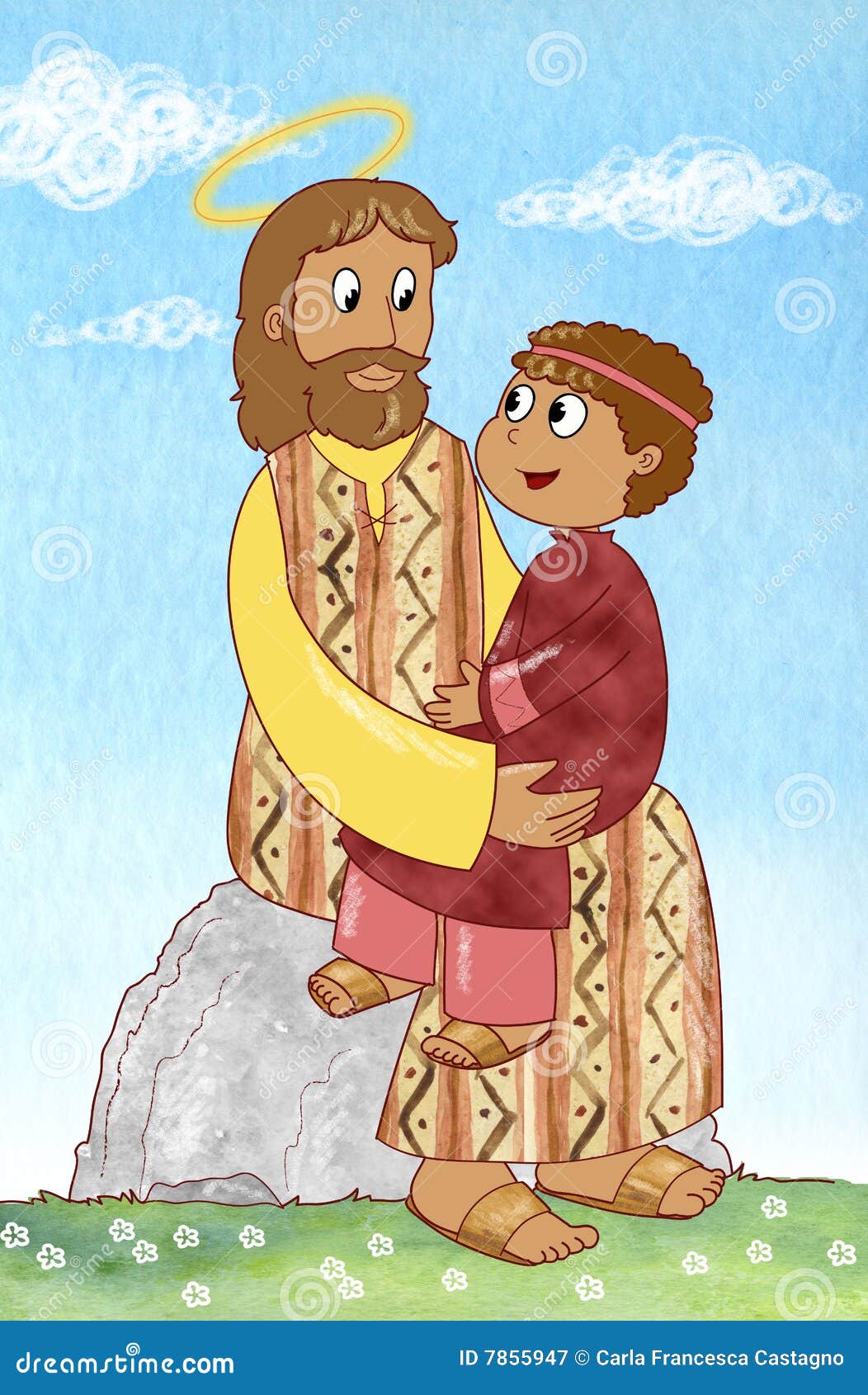 The Embrace Of God. Jesus Hugging Girl Vector Cartoon Illustration ...
