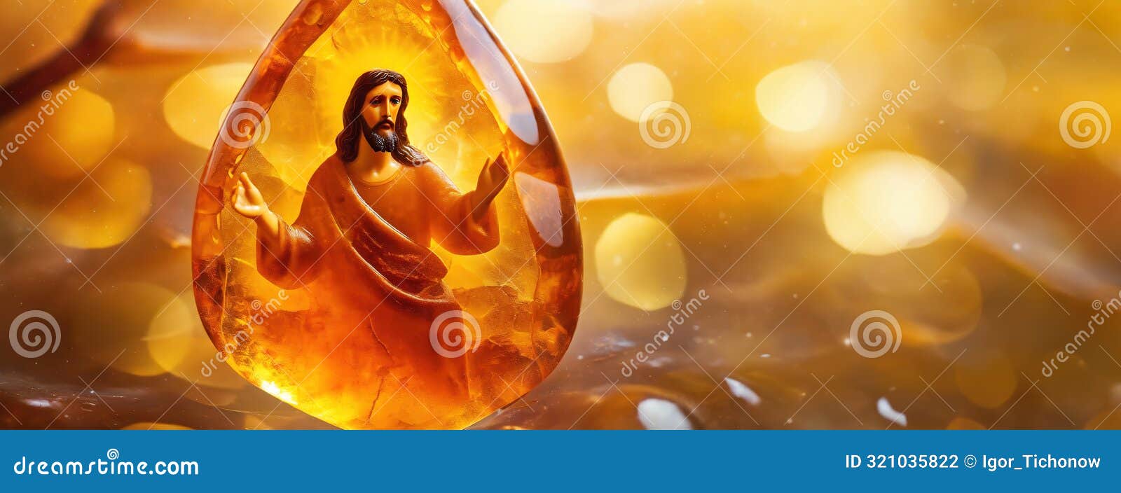 Jesus Christ in an Amber Crystal Teardrop. Panorama with Copy Space ...