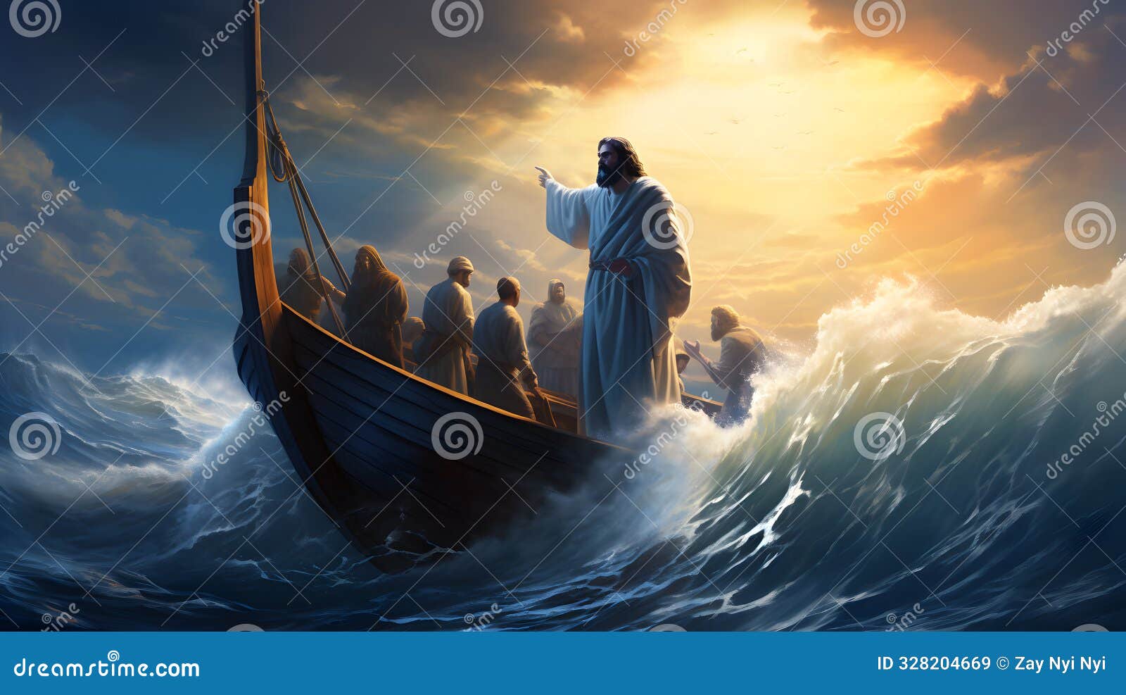 Jesus Christ on the Boat Calms the Storm at Sea Stock Image - Image of ...