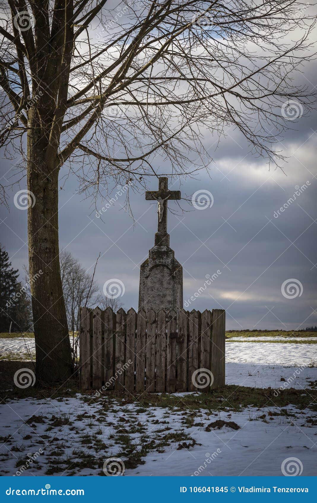 Jesus Christ on the Cross Under a Tree Stock Image - Image of snow ...