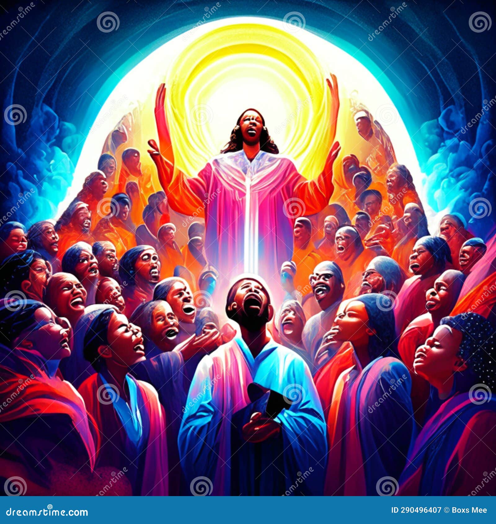 Jesus Christ and Crowd of People in Front of the Sun. 3d Rendering ...