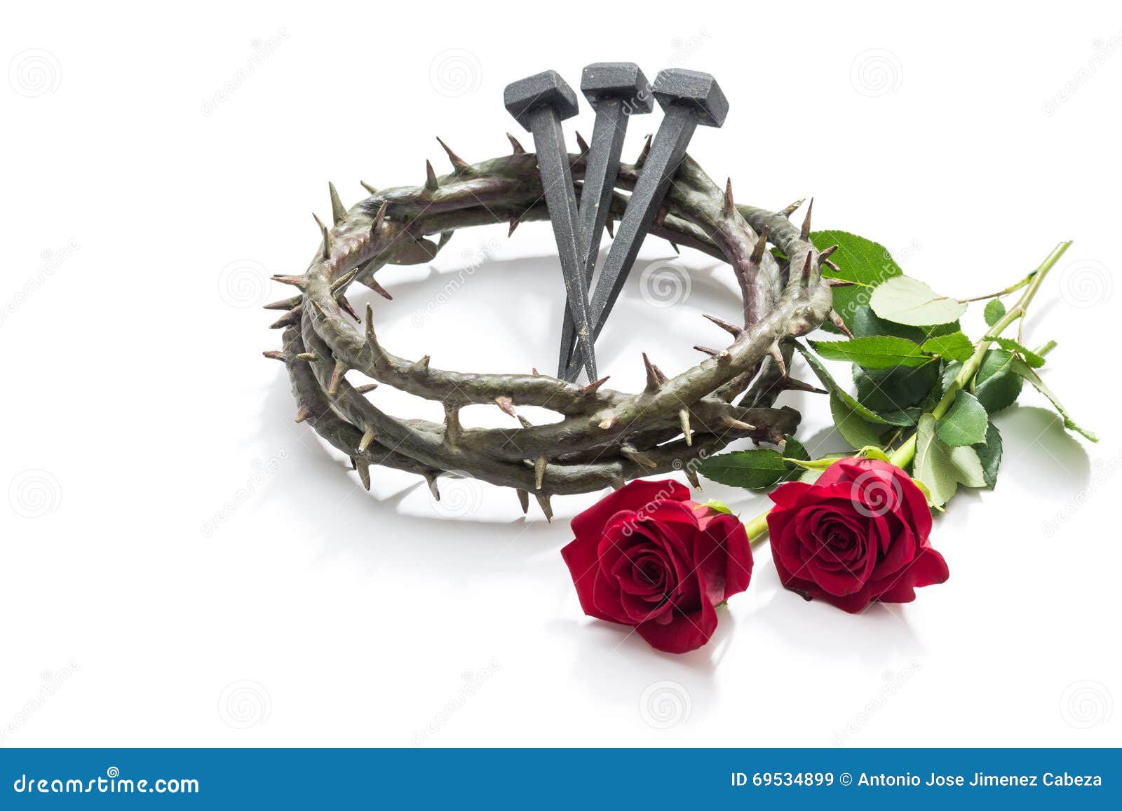 Jesus Christ Crown of Thorns, Nails and Two Roses. Stock Image - Image ...