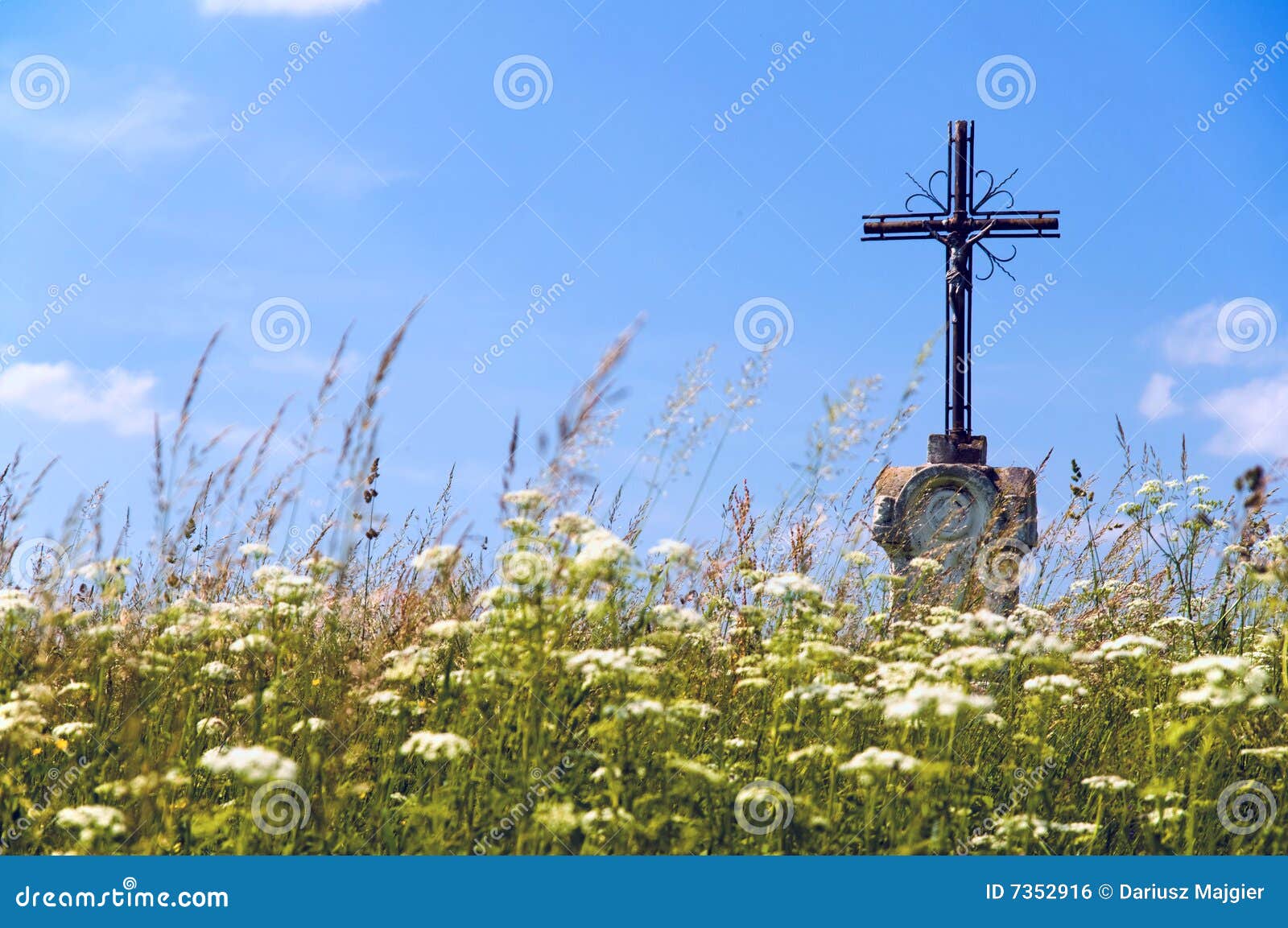 Jesus Christ On Old Wayside Cross In Meadow. Stock Photo ...