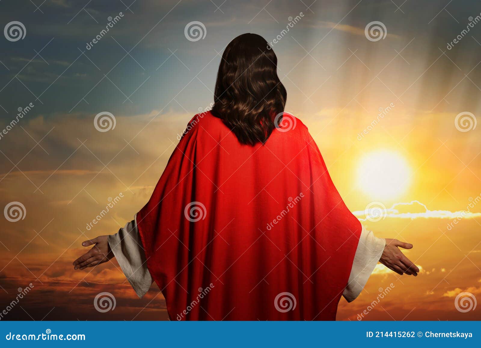 Jesus Christ Outdoors at Sunset, Back View Stock Photo - Image of ...