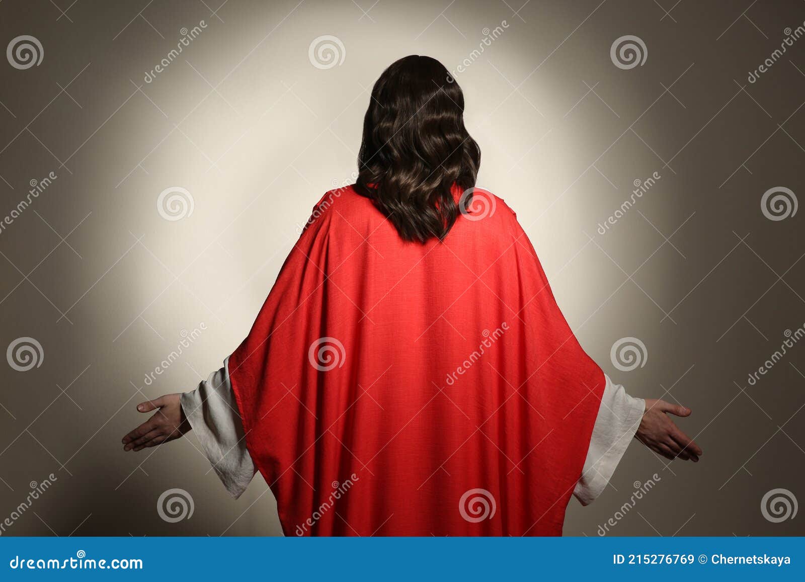 Jesus Christ With Outstretched Arms On Beige Background Back View