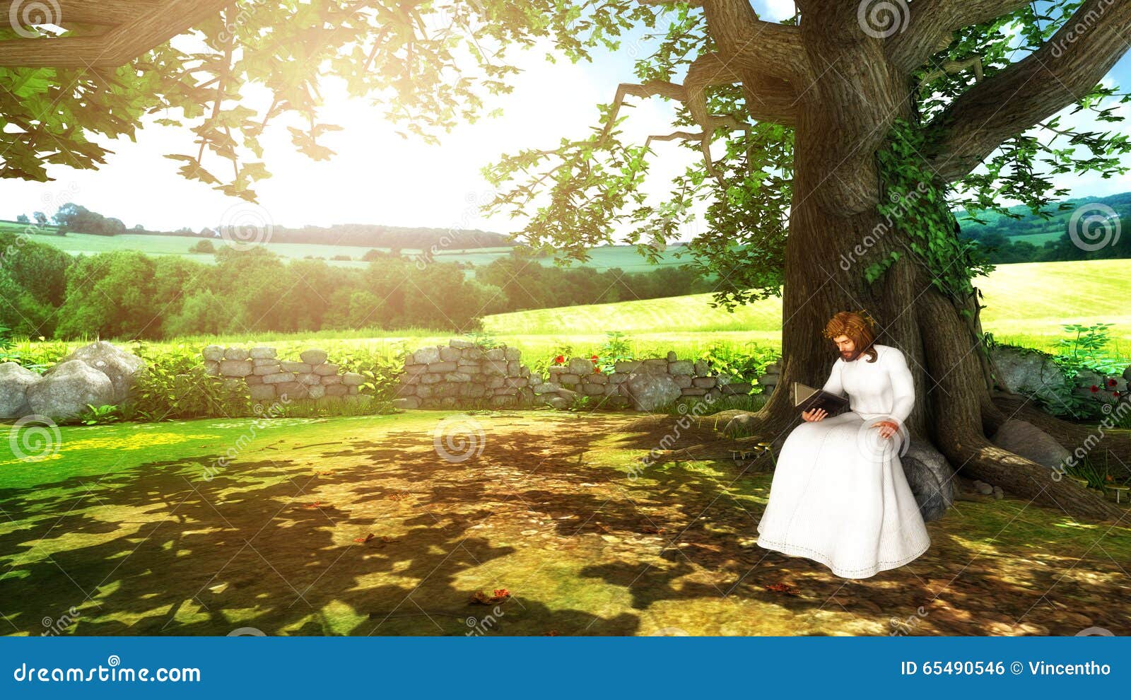 Jesus Christ Reading Bible Under Eine Baum-Illustration Stock Abbildung ...