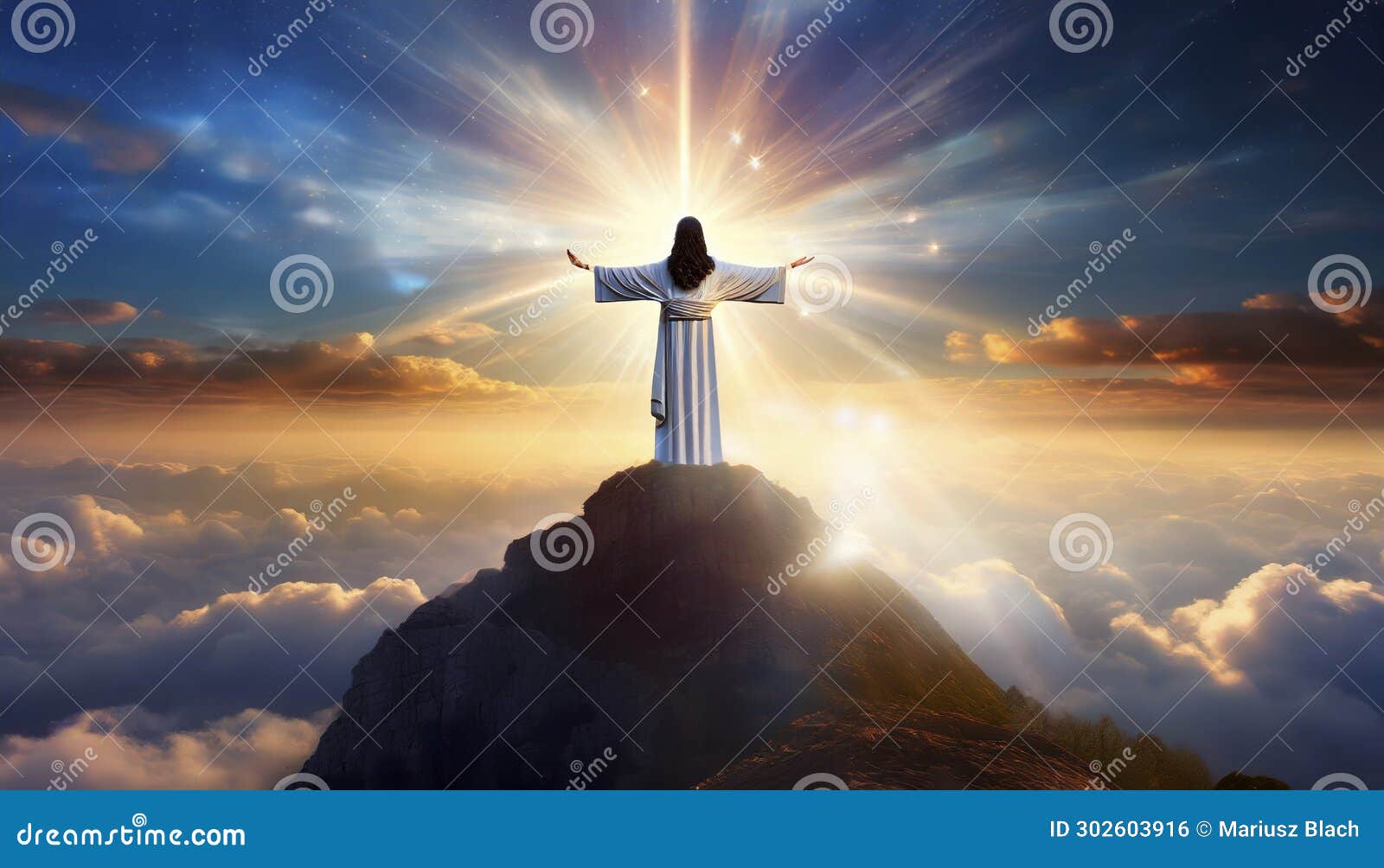 Jesus Christ on the Top of the Mountain with Rays of Light. Stock ...