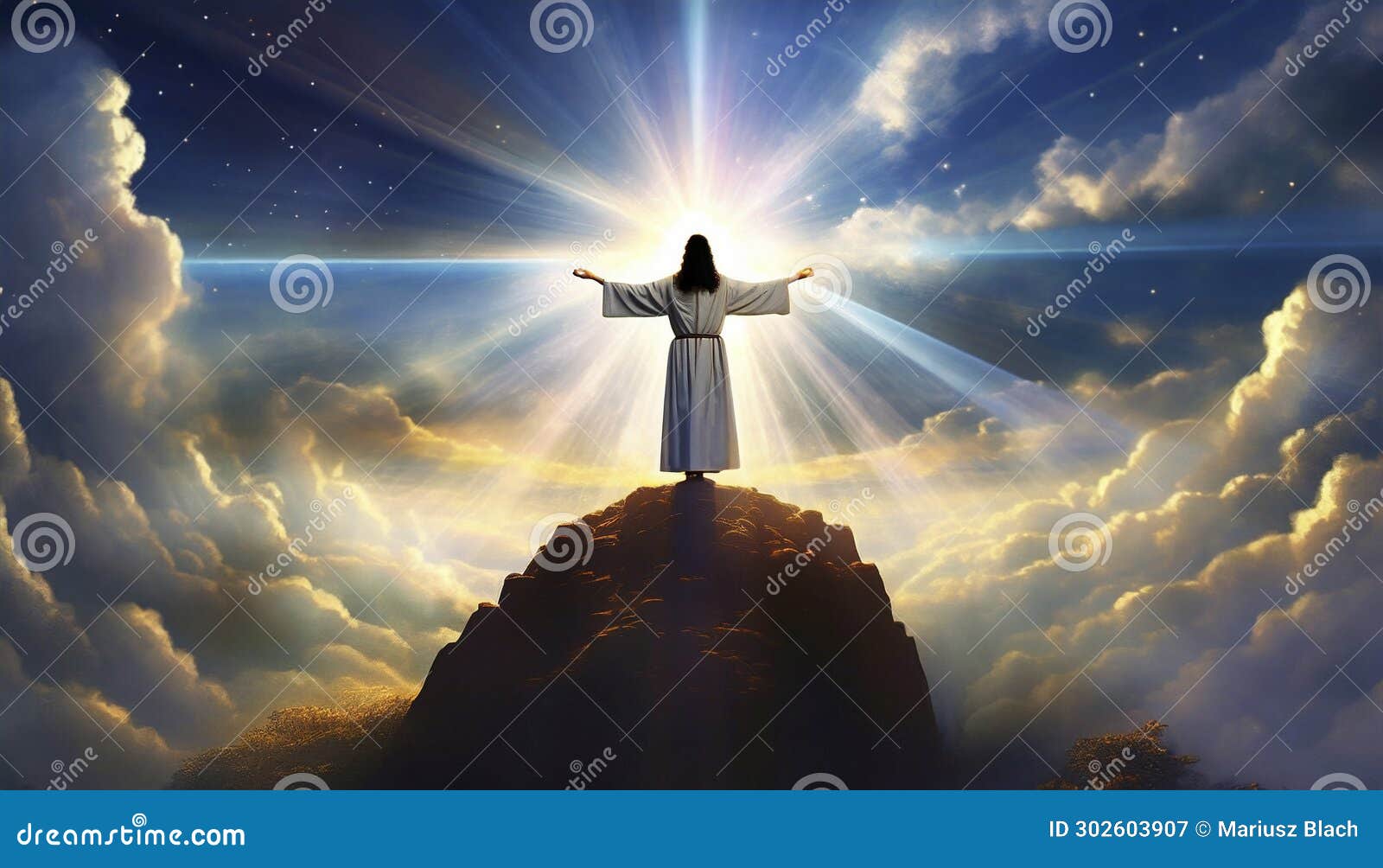 Jesus Christ on the Top of the Mountain with Rays of Light. Stock ...