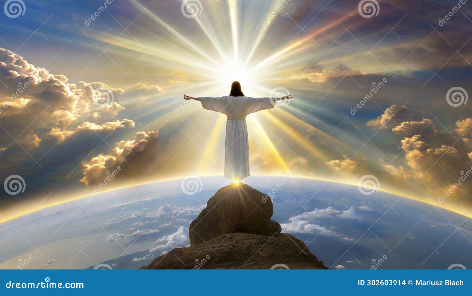 Jesus Christ on the Top of the Mountain with Rays of Light. Stock ...