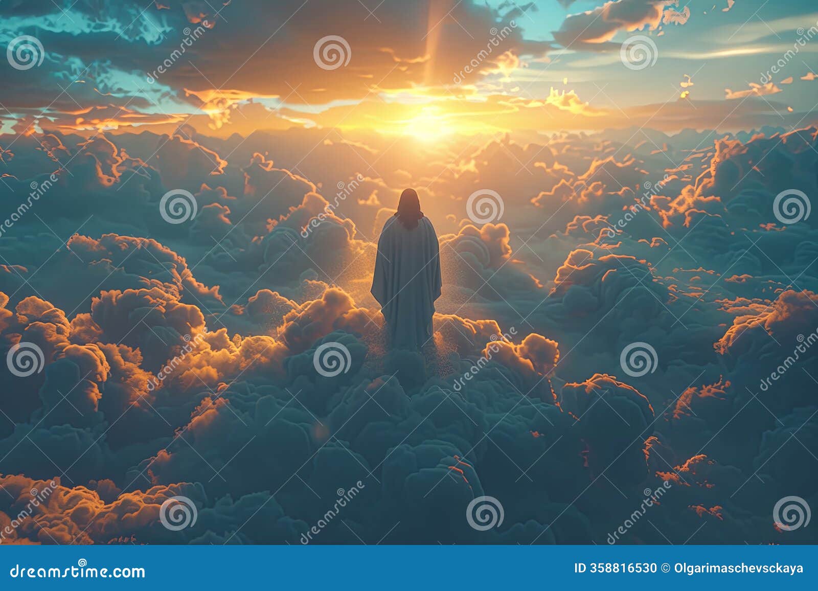 Jesus Christ Walking Amidst Sunset Clouds Stock Illustration ...