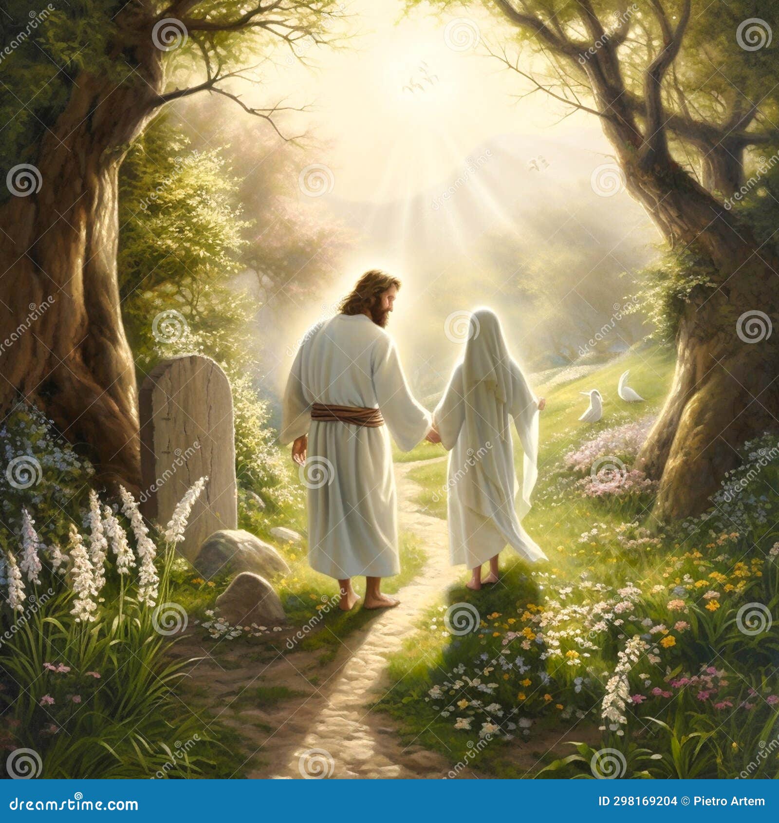 Jesus Christ Walks through a Deep Forest with Tall Trees Towards the ...