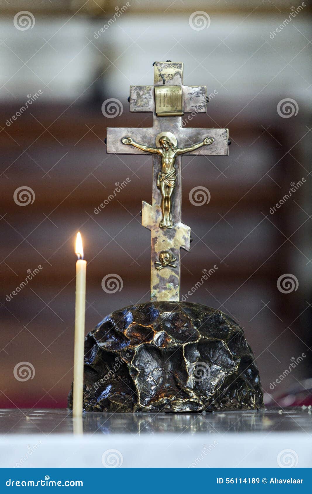 Jesus on the Cross with Candle Burning Stock Image - Image of interior ...
