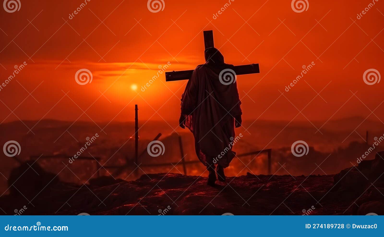 Jesus And Cross On Golgotha Hill Red Sky Sunset Dawn Christ