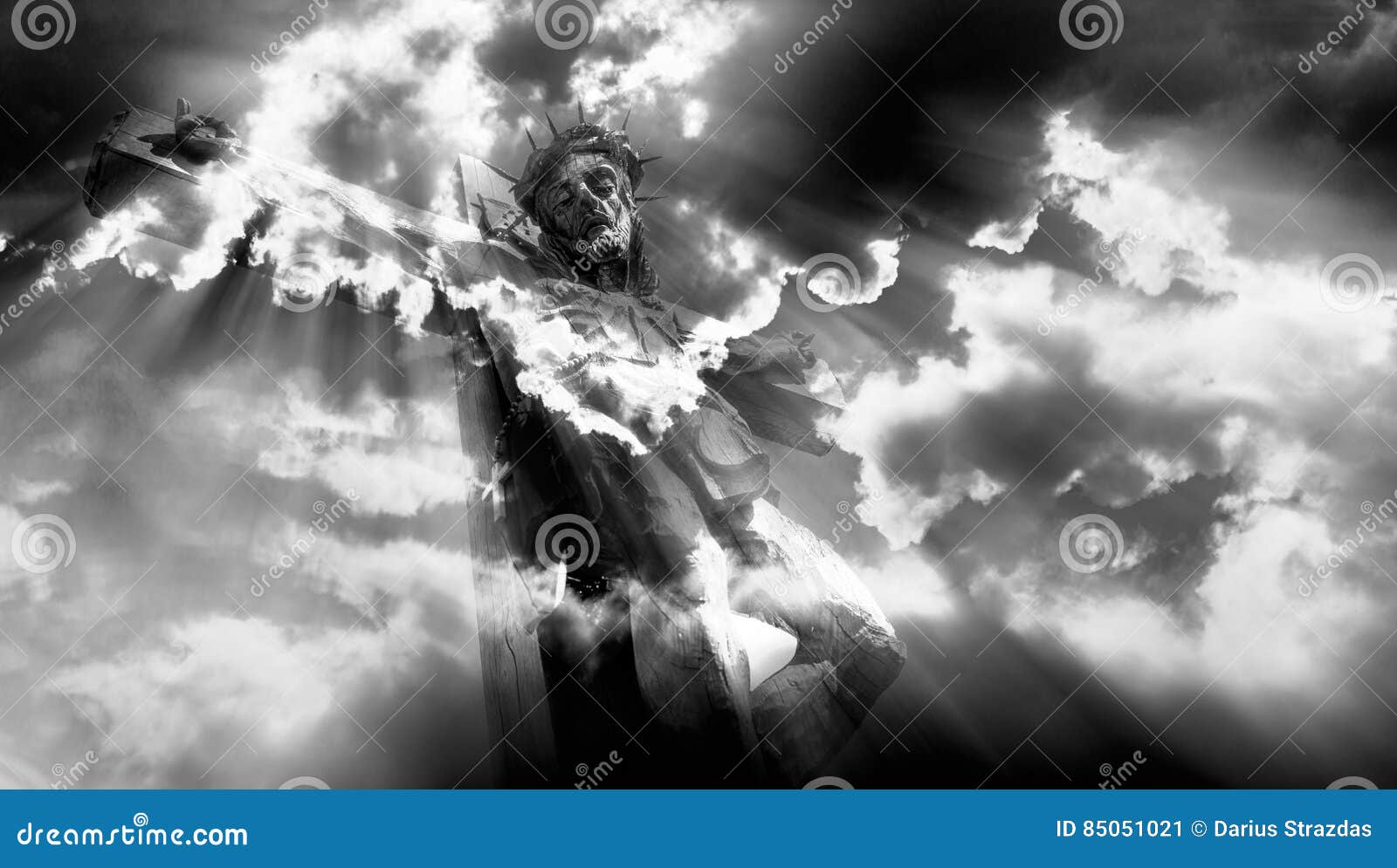 Jesus Crucified. Blood From Crown Of Thorns, Long-suffering Face And ...