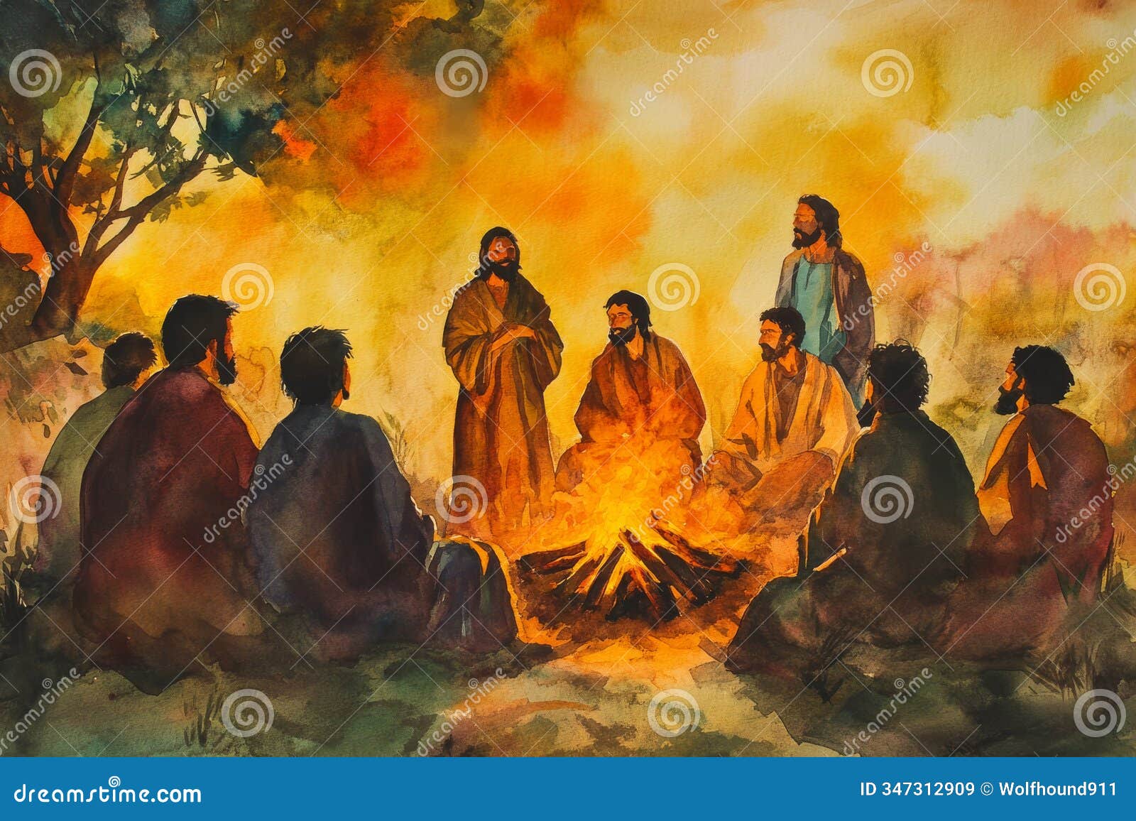 Jesus and the Disciples Gathered Around a Campfire, Sharing Stories ...