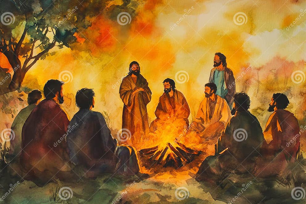 Jesus and the Disciples Gathered Around a Campfire, Sharing Stories ...