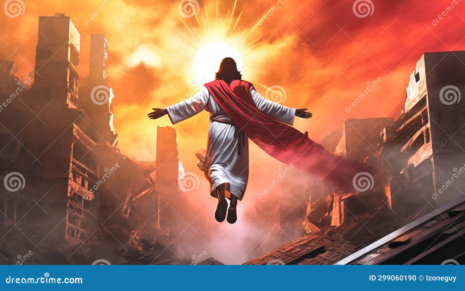 Jesus Flying Over a Devastated City. Stock Illustration - Illustration ...