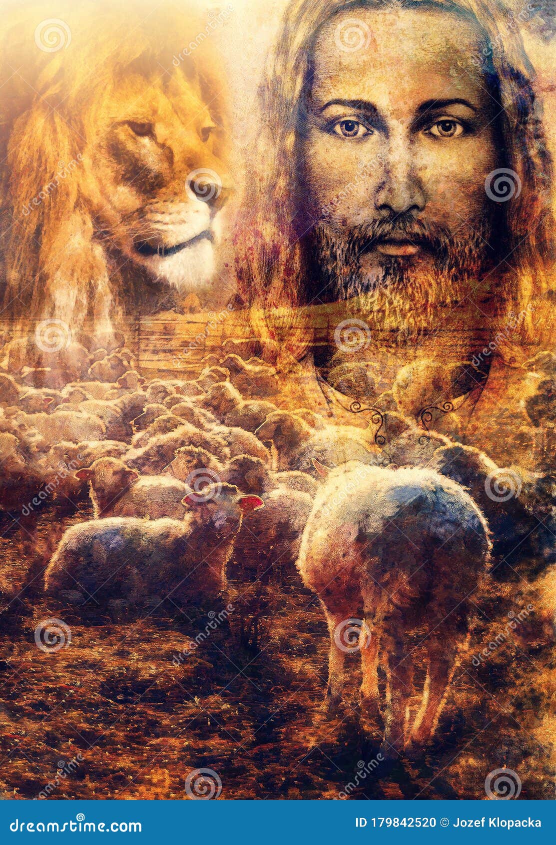 Jesus the Good Shepherd, Jesus and Lambs and Lion. Stock Illustration ...